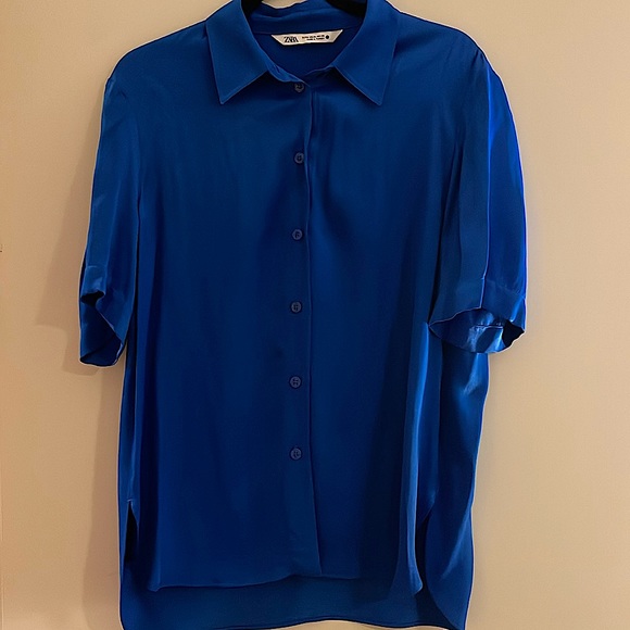 Zara | Tops | Zara Blue Satin Blouse | Poshmark